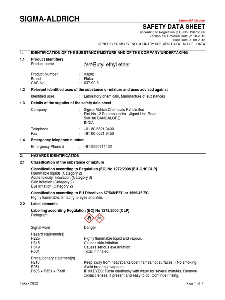 Tert-Butyl Ethyl Ether - MSDS | Download Free PDF | Toxicity | Safety