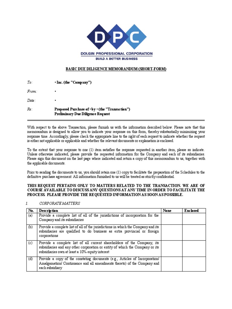 Sample Due Diligence Memo | Subsidiary | Financial Statement