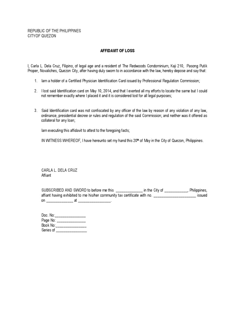 Affidavit of Loss PRC | PDF | Affidavit | Public Law