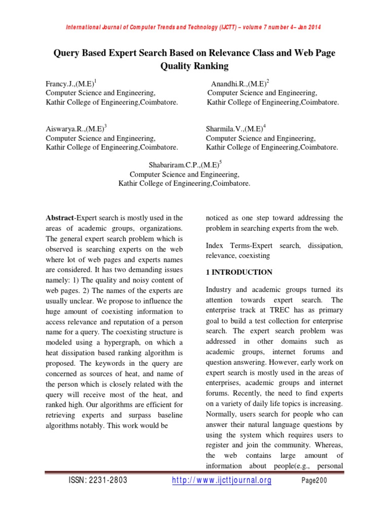 Query Based Expert Search Based On Relevance Class and Web Page Quality Ranking | PDF ...