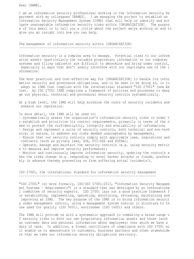 ISO27k Intro and Gap Analysis Email Template v2 | PDF | Information ...