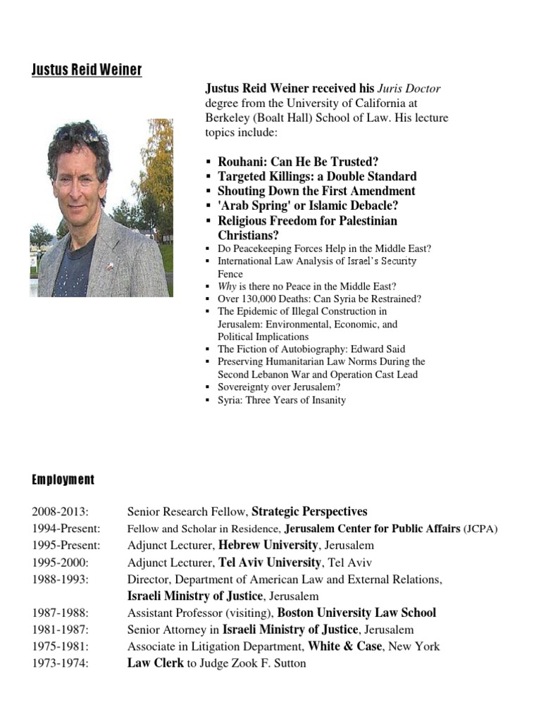 Justus Weiner - Short Bio | PDF | Israeli–Palestinian Peace Process ...