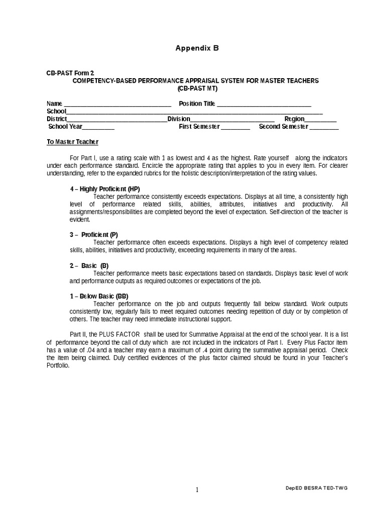 Appendix B- Form 2 for Master Teachers | Teaching Method | Teachers