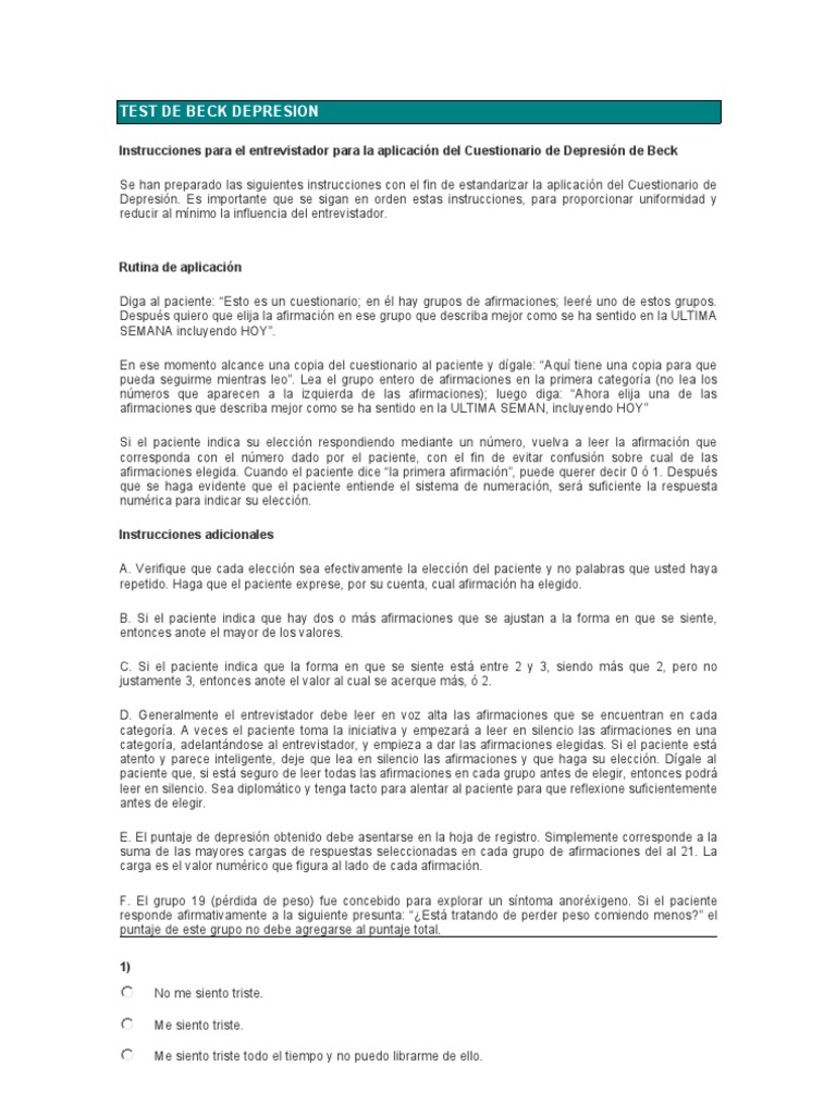 Test de Beck Depresion | Depresión (estado de ánimo) | Cuestionario