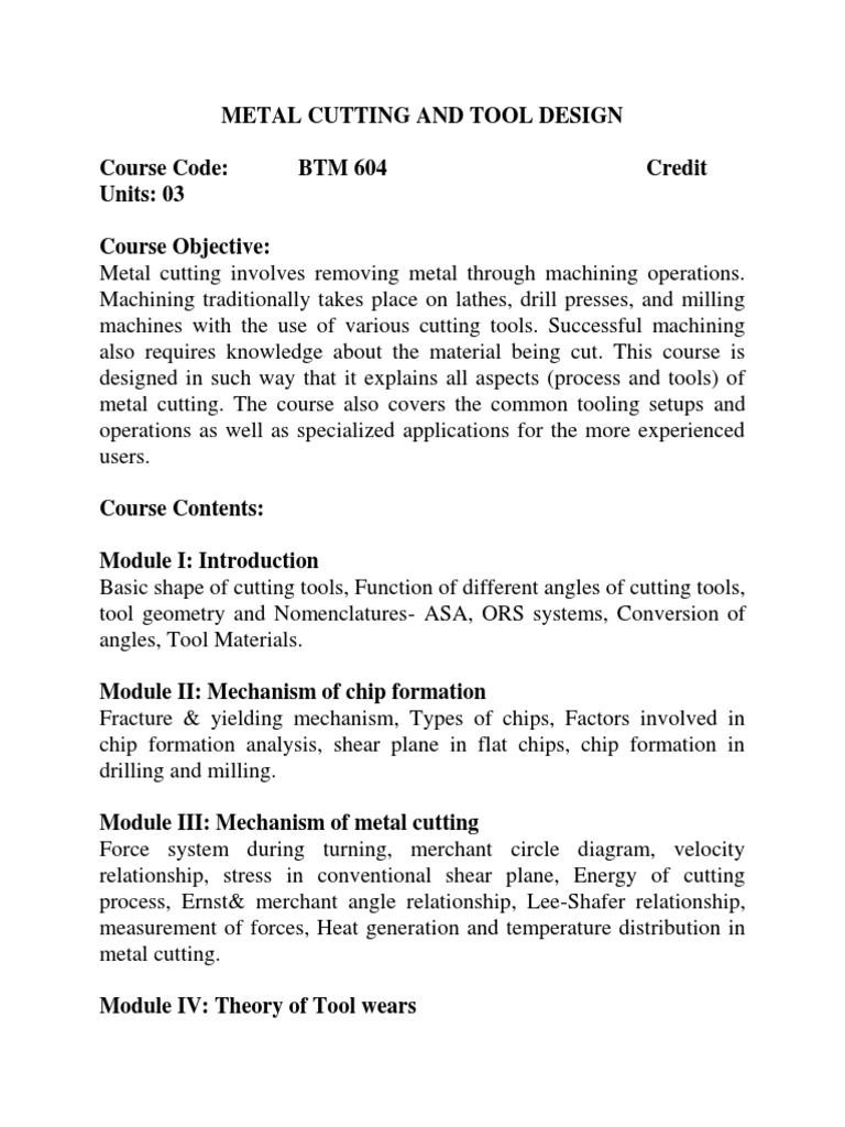Metal Cutting and Tool Design Course | PDF | Machining | Wear