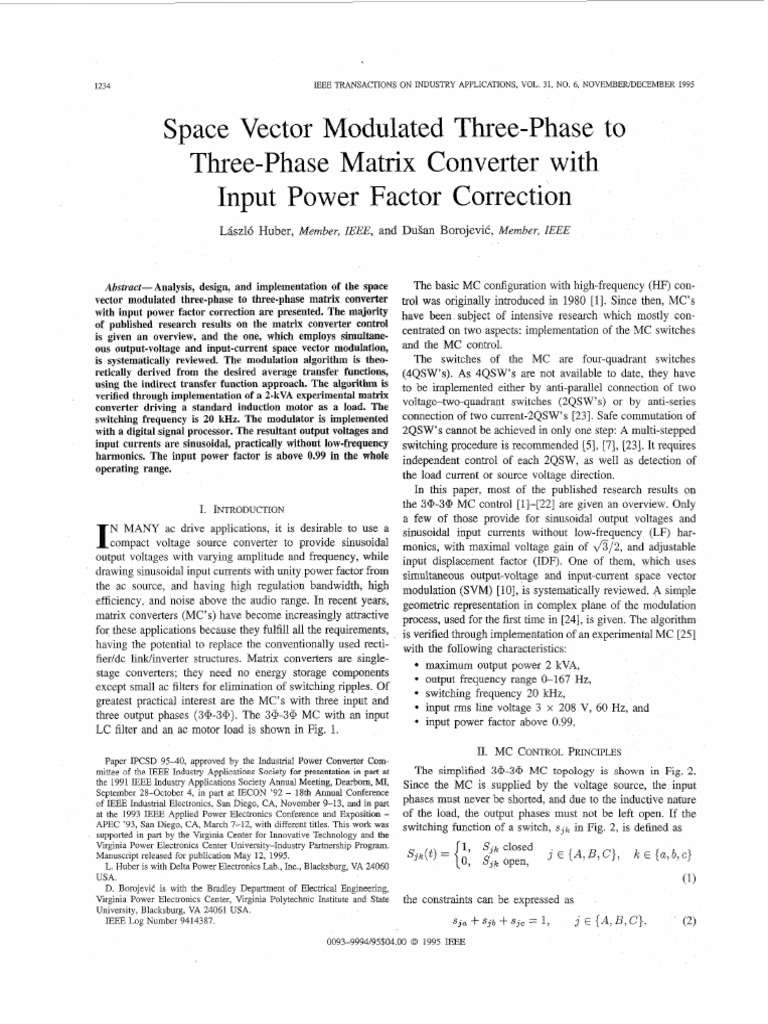 Space Vector Modulated Three Phase To Three Phase Matrix Converter With Input Power Factor