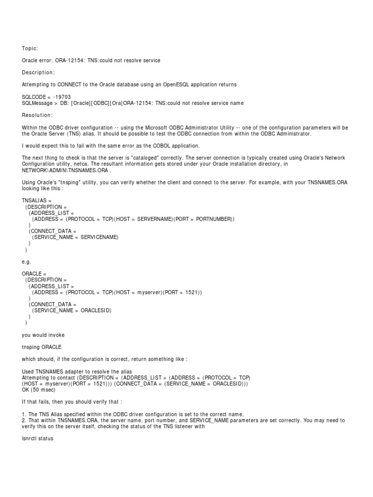 Topic Oracle Error ORA-12154 TNScould Not Resolve Service | PDF | Oracle Database | Port ...