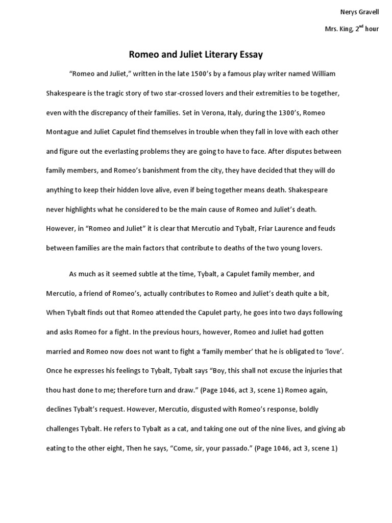 Romeo and Juliet Literary Essay | PDF | Characters In Romeo And Juliet ...