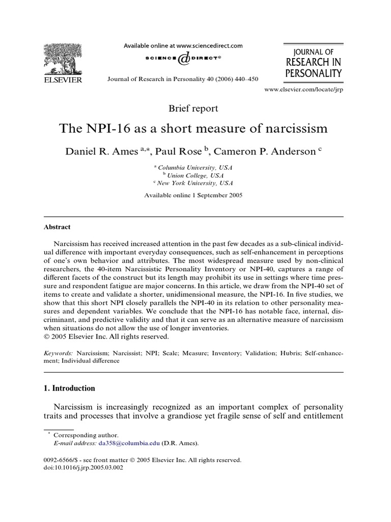 Ames, Rose, & Anderson, 2006 - NPI16 | PDF | Narcissism | Validity (Statistics)