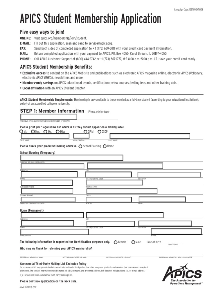 APICS Student Application | PDF | North Carolina | Cheque