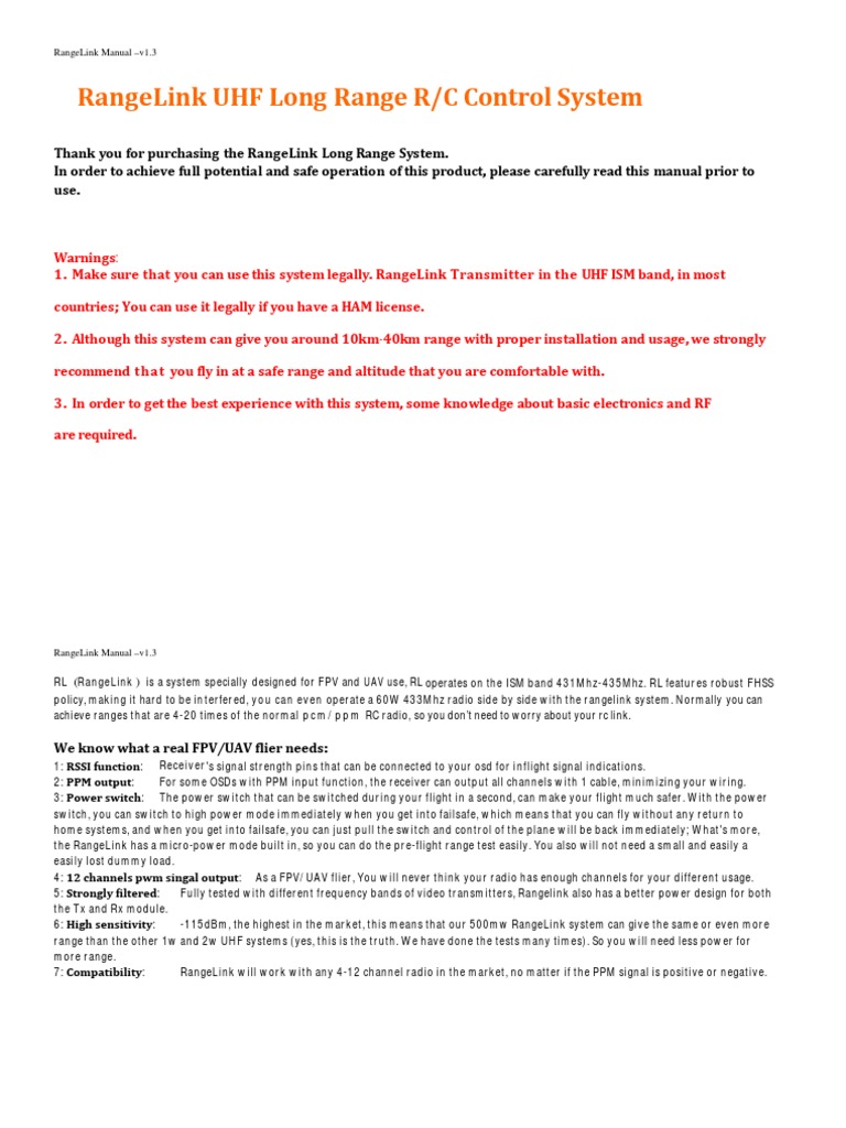 RangeLink UHF LRS Manual v1.3 | PDF | Radio Control | Radio