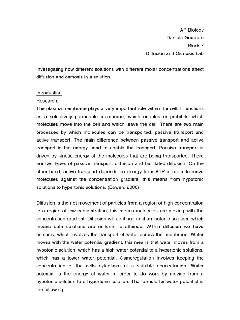 Diffusion and Osmosis Lab | PDF | Osmosis | Cell Biology