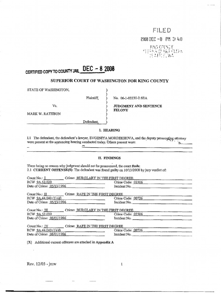Mark Rathbun - Judgment and Sentence in King County | PDF | Crime ...