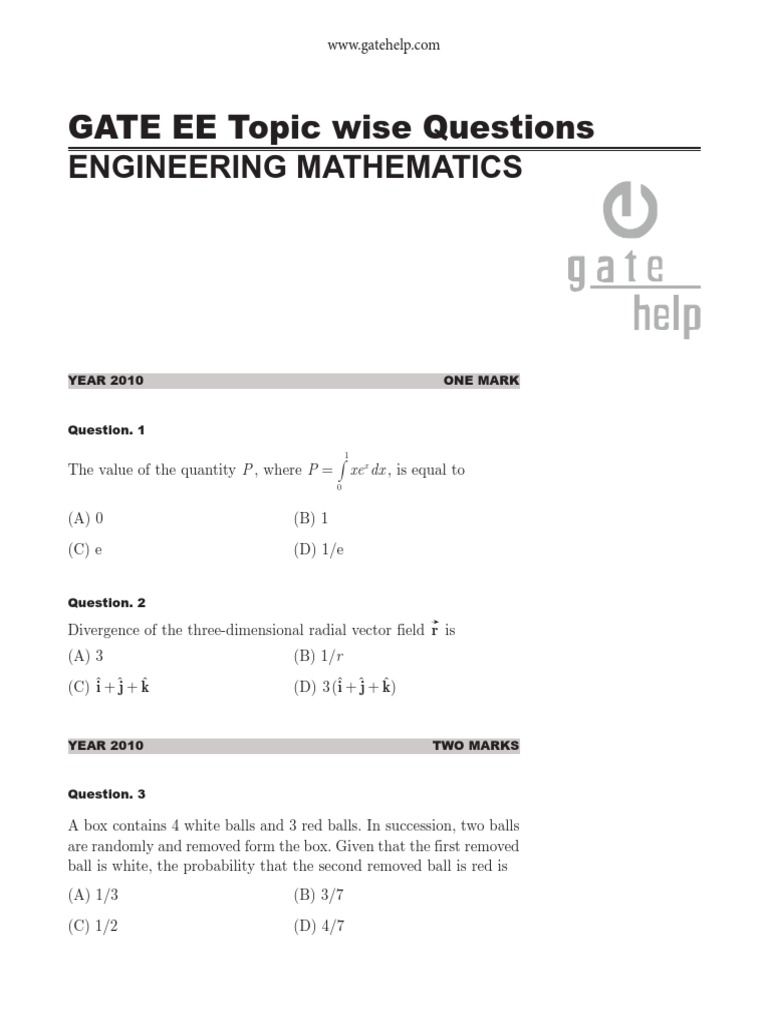 GATE EE Math Practice Questions | PDF | Matrix (Mathematics) | Determinant