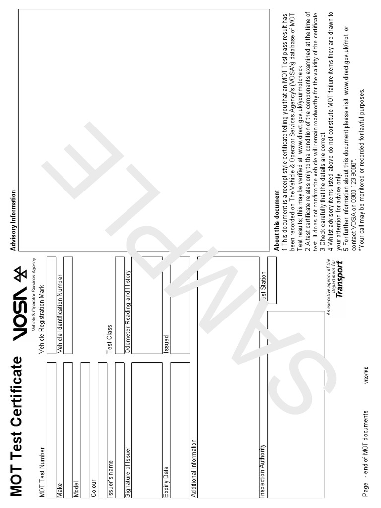Sample Mot Test Certificate VT 20 | PDF | Vehicles | Motor Vehicle