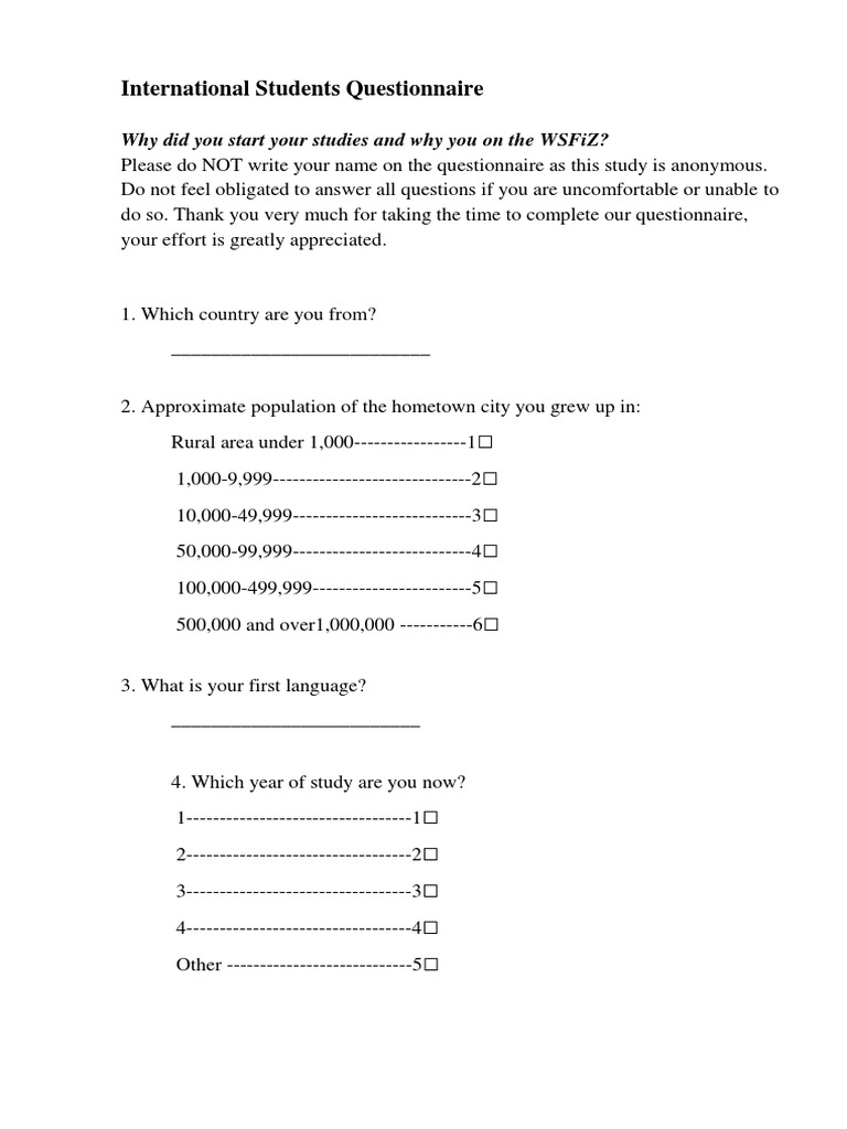International Students Questionnaire | PDF