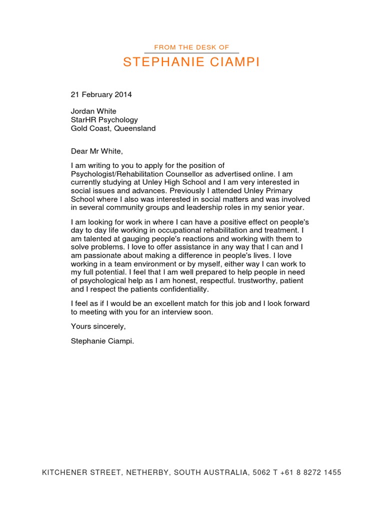 Psychologist Cover Letter | PDF | Wellness | Lifestyle