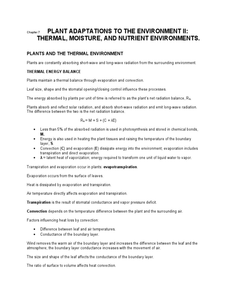Plant Adaptations To The Environment Ii: Thermal, Moisture, and ...