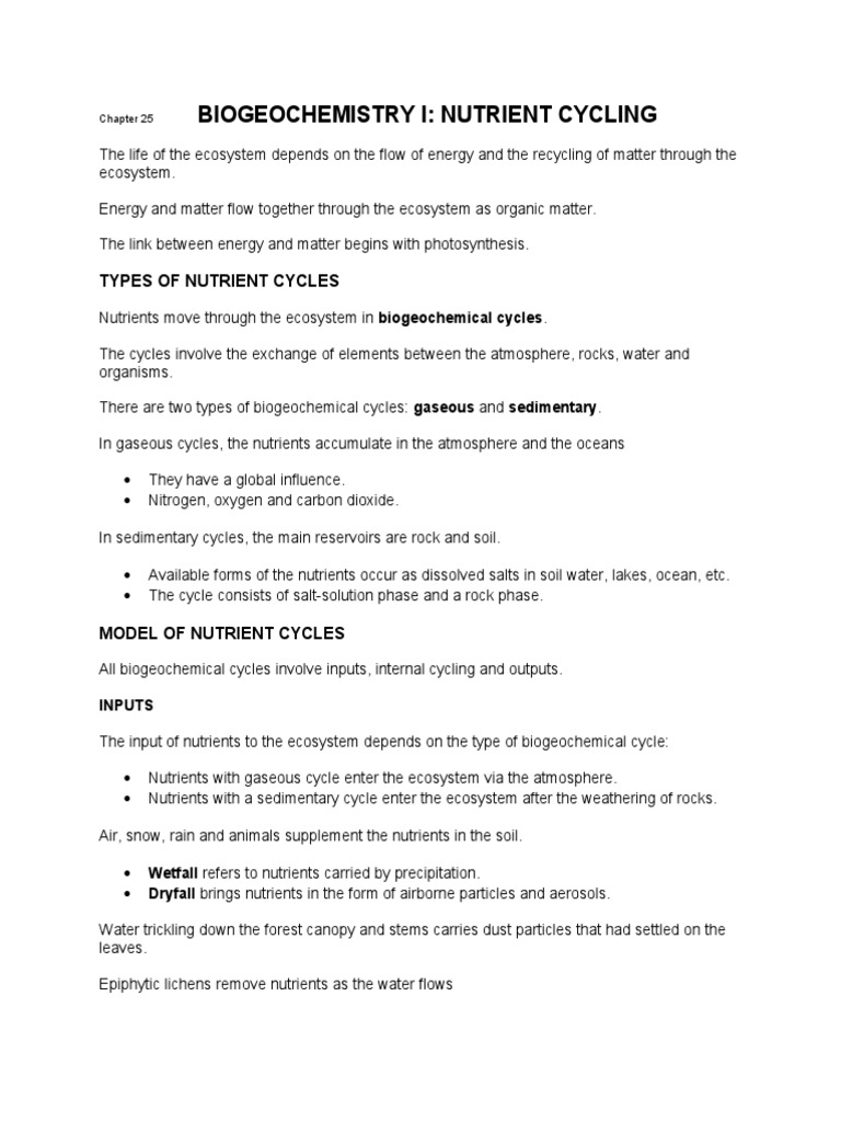 Biogeochemistry I: Nutrient Cycling: Types of Nutrient Cycles | PDF | Decomposition | Ecosystem