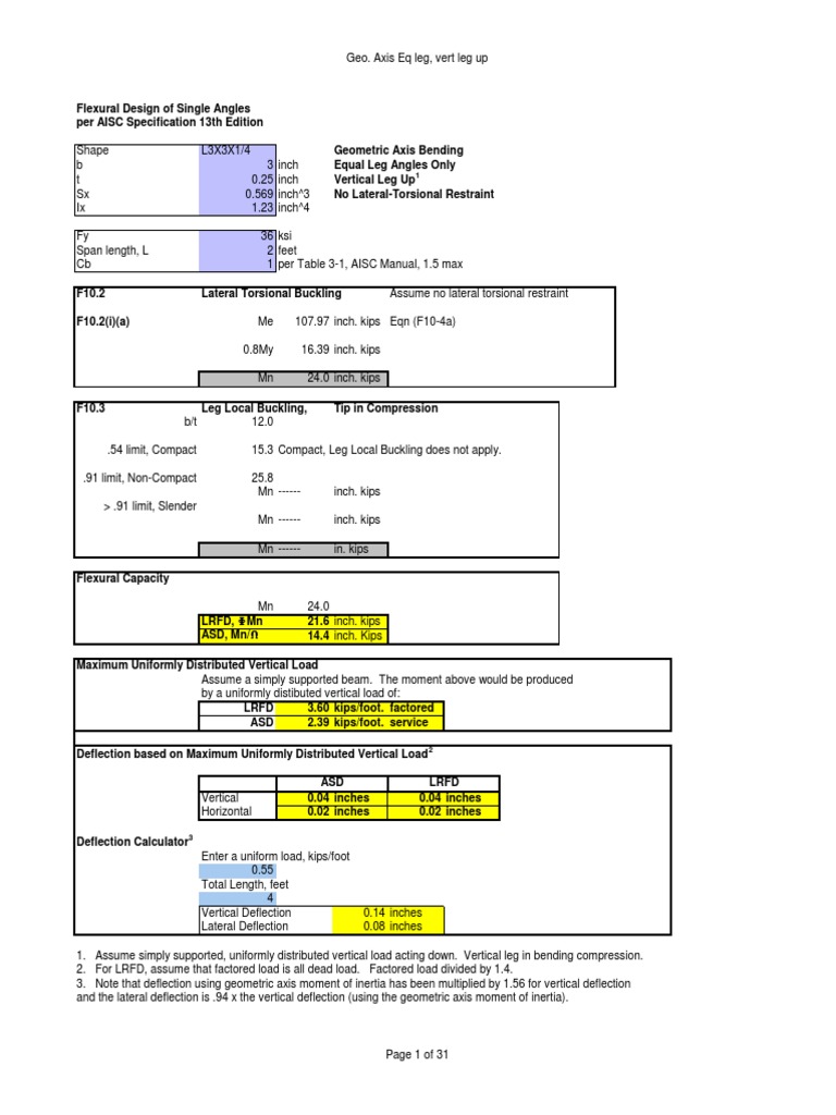 Single Angle Design Manual Spreadsheets | PDF | Bending | Buckling