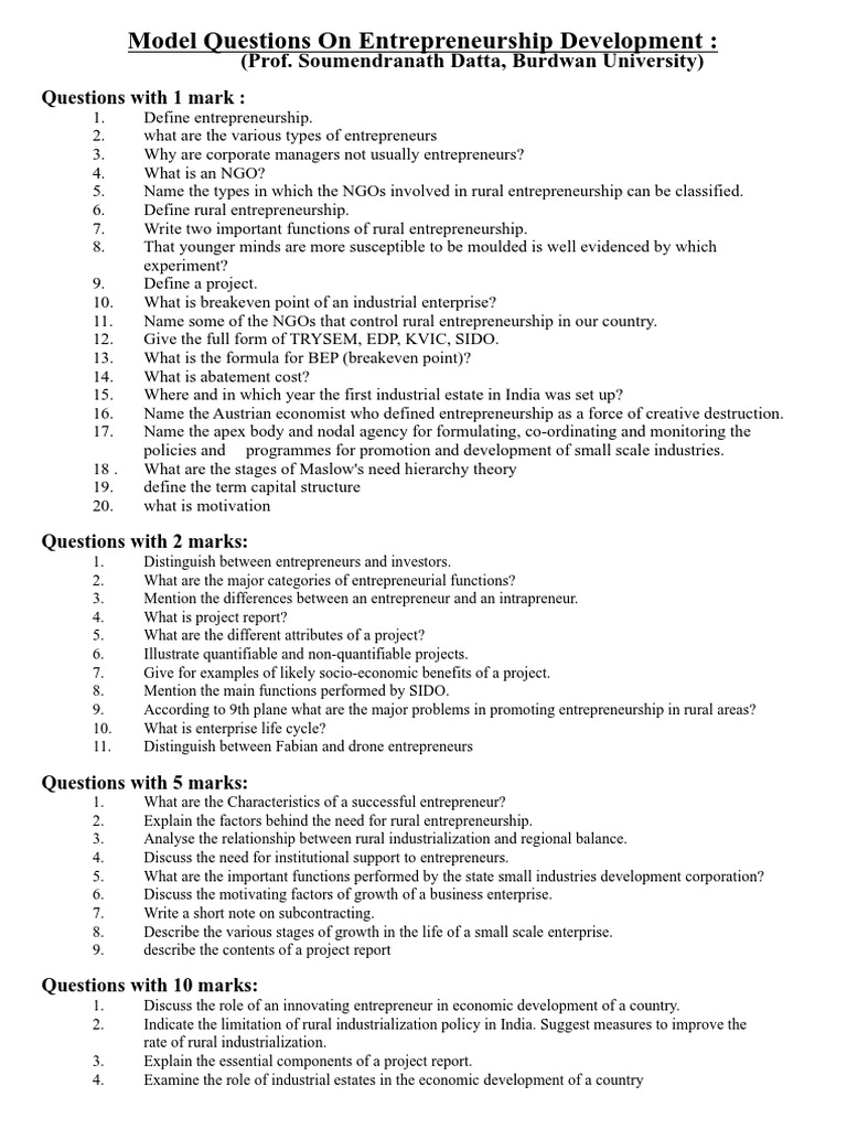 Model Questions On Entrepreneurship Development:: (Prof. Soumendranath ...