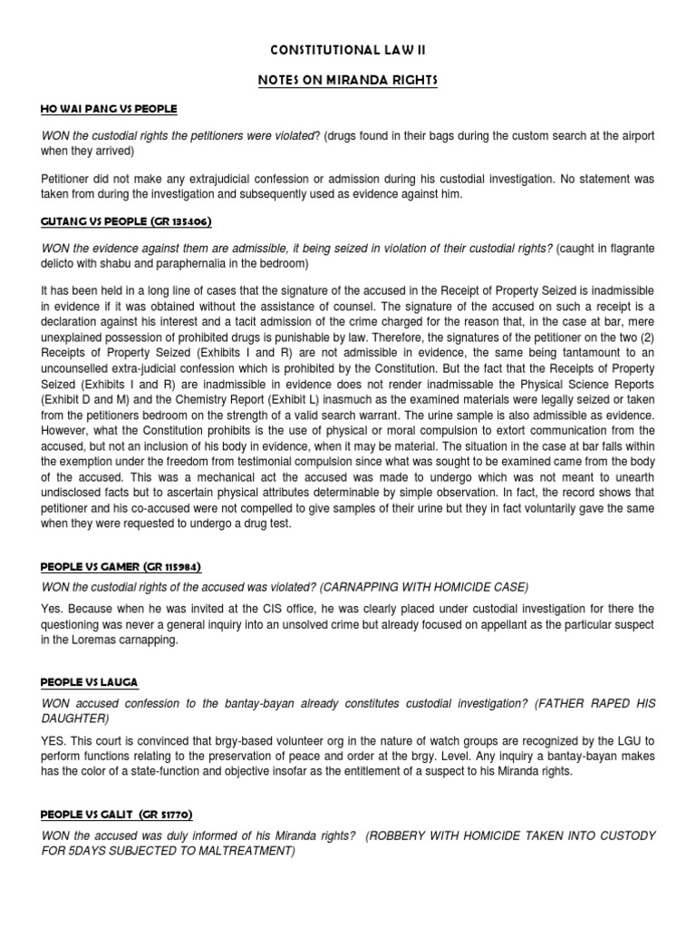 Constitutional Law Ii Notes On Miranda Rights: Ho Wai Pang Vs People ...