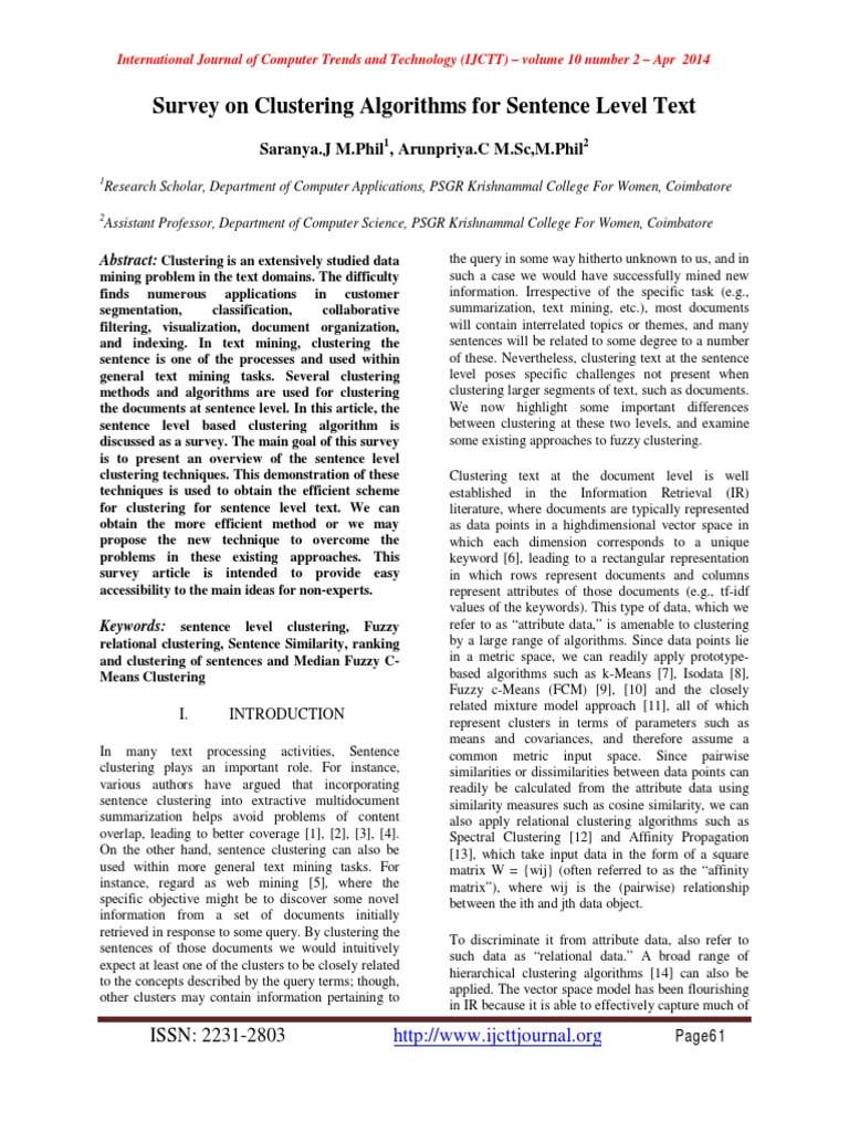 Survey On Clustering Algorithms For Sentence Level Text Pdf Cluster Analysis Semantics