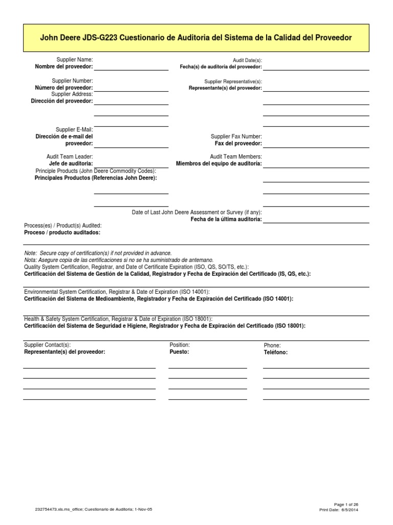 Supplier Quality System Audit Questionnaire Spanish | PDF | Calidad ...