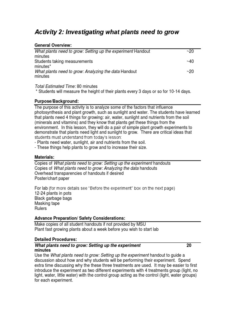 22what Do Plants Need To Grow22 Lab Instructions For Teacher | PDF ...
