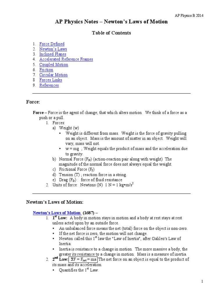AP Physics Notes - Newton's Laws of Motion | PDF | Force | Mass