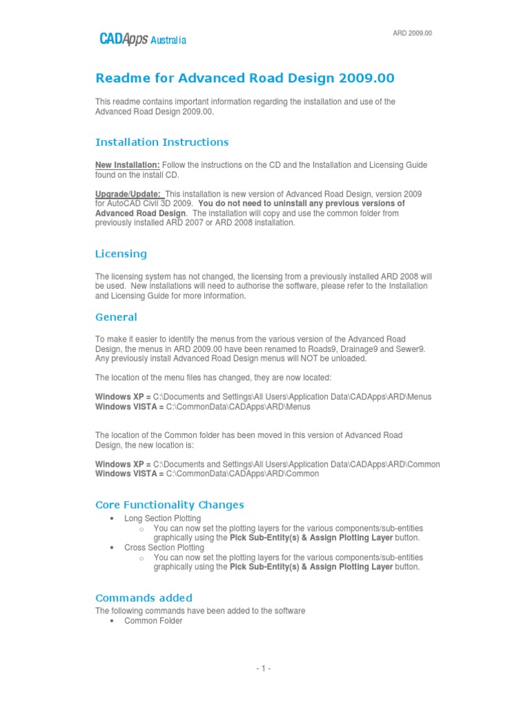 Advanced Road Design 2009.00 Readme | PDF | Installation (Computer ...