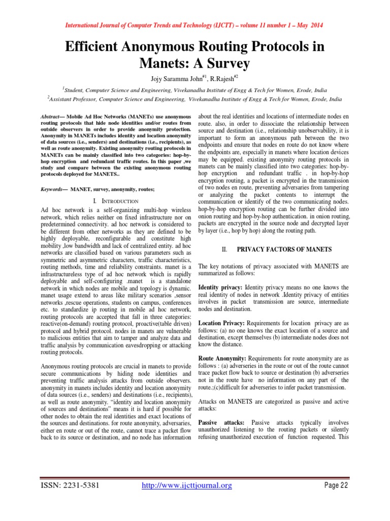 Efficient Anonymous Routing Protocols in Manets: A Survey | PDF | Wireless Ad Hoc Network | Routing