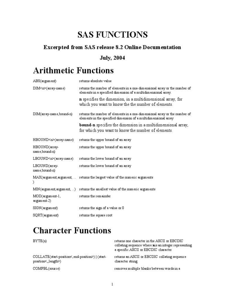 Sas Functions: Excerpted From SAS Release 8.2 Online Documentation July ...