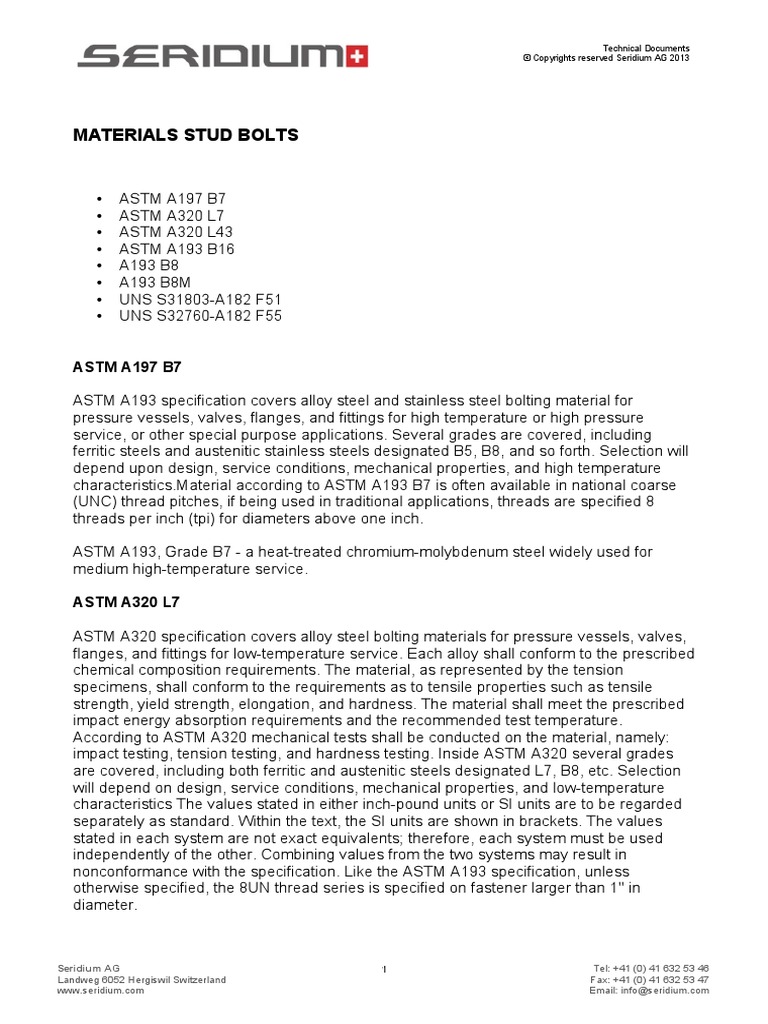 Materials Stud Bolts: ASTM A197 B7 | PDF | Screw | Stainless Steel