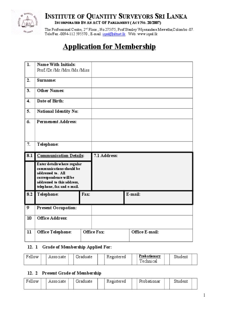 IQSSL - Application Form For Membership | PDF | Career & Growth