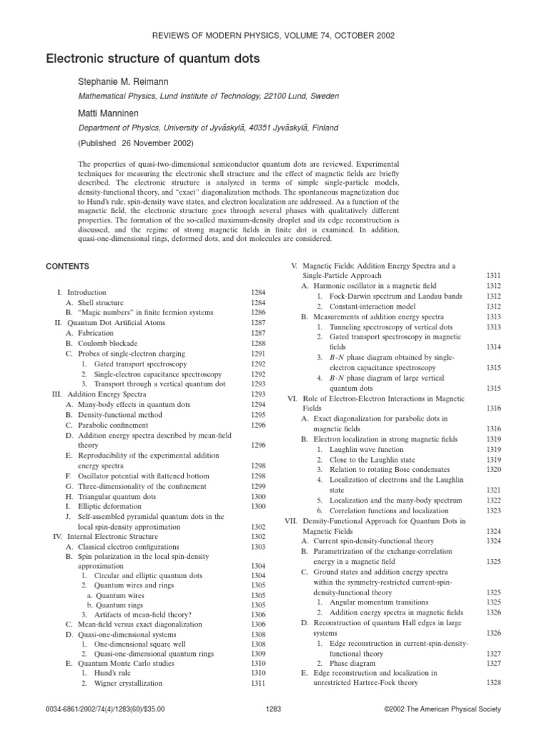 Electronic Structure of Quantum Dots: Stephanie M. Reimann | PDF ...
