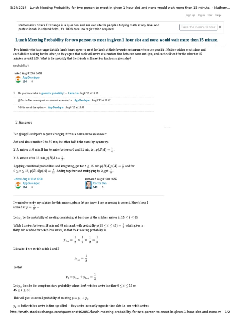 Lunch Meeting Probability For Two Person To Meet in Given 1 Hour Slot ...
