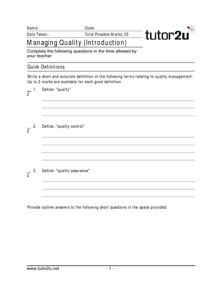 Managing Quality (Introduction) : Quick Definitions | PDF | Business