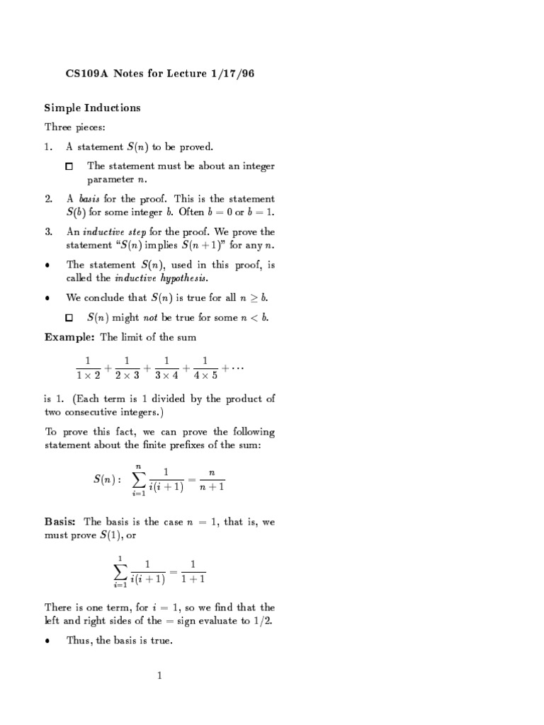 CS109A Notes For Lecture 1/17/96 Simple Inductions: Basis Inductive ...