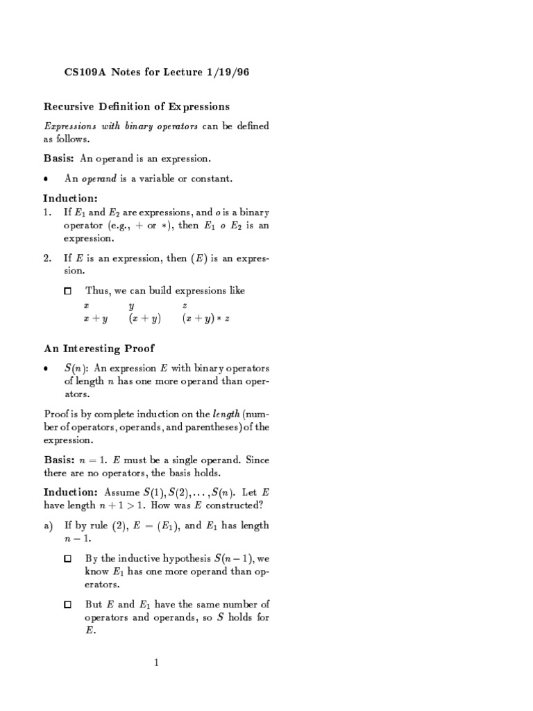 Cs109a Notes For Lecture 11996 Recursive Denition Of Expressions Basis Induction Pdf 9472