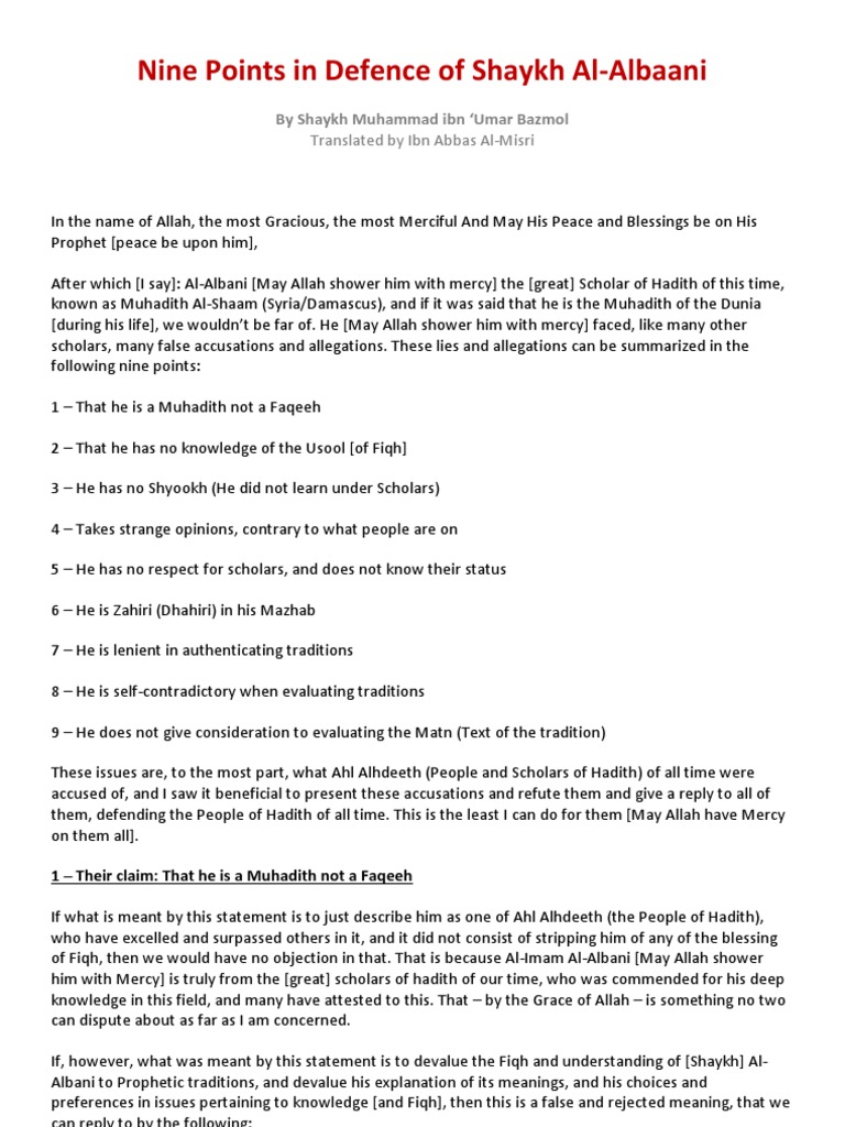 Nine Points in Defence of Al Albani | PDF | Hadith | Sahabah