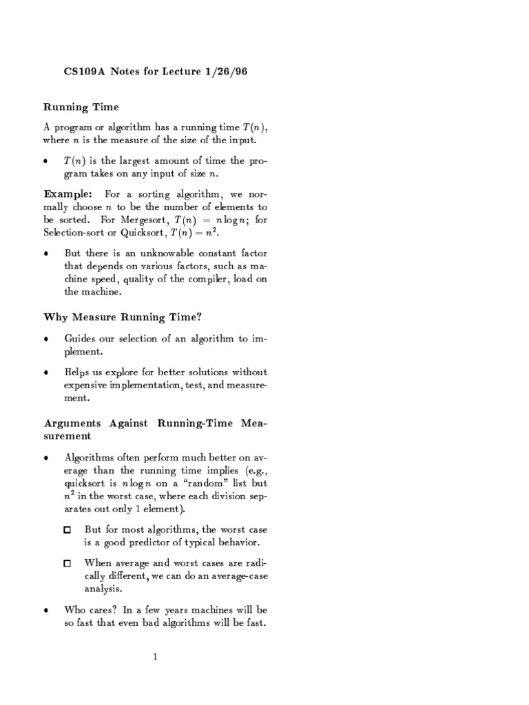 CS109A Notes For Lecture 1/26/96 Running Time | PDF | Time Complexity ...