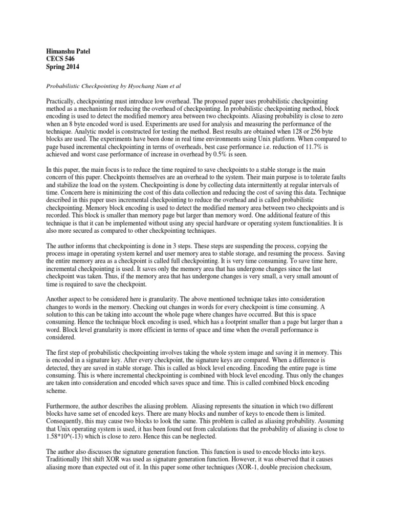 Probabilistic Checkpointing by Hyochang Nam Et Al: Himanshu Patel CECS 546 Spring 2014 ...