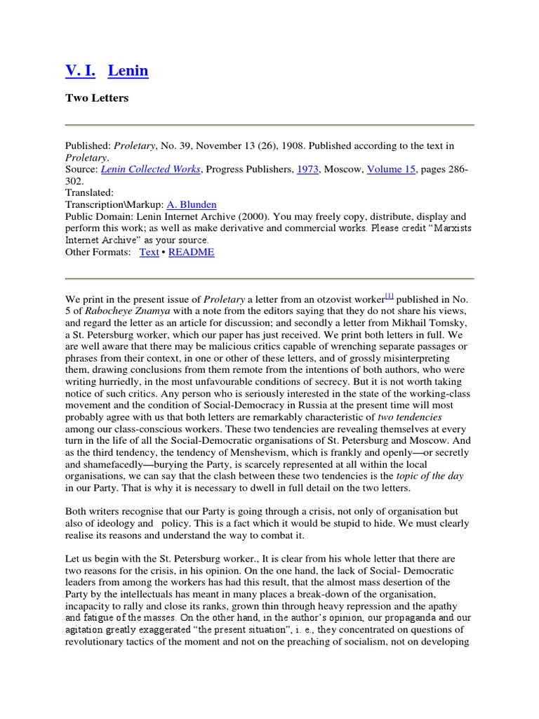 Lenin Two Letters | PDF | Bolsheviks | Social Democracy