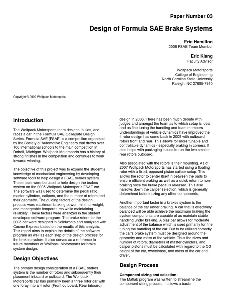 Design of Formula SAE Brake Systems | PDF