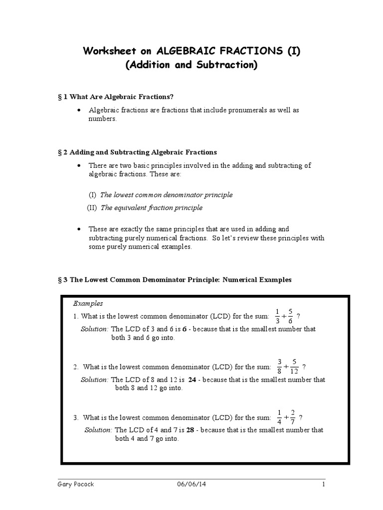 Worksheet On Algebraic Fractions | PDF | Fraction (Mathematics) | Algebra