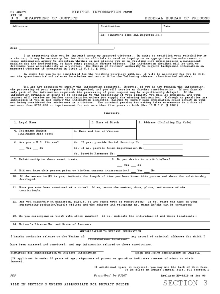 Federal Inmate Visitor Information Form | PDF | Prison | Violence