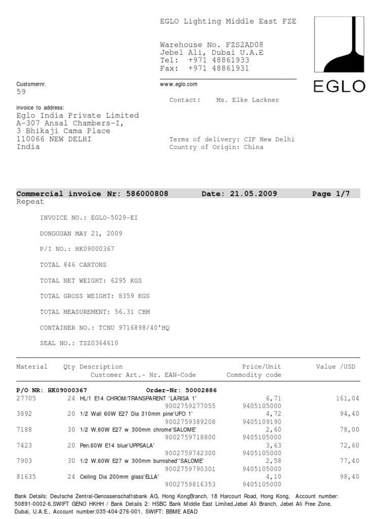 Commercial Invoice for Lighting Products | PDF | Institutional ...