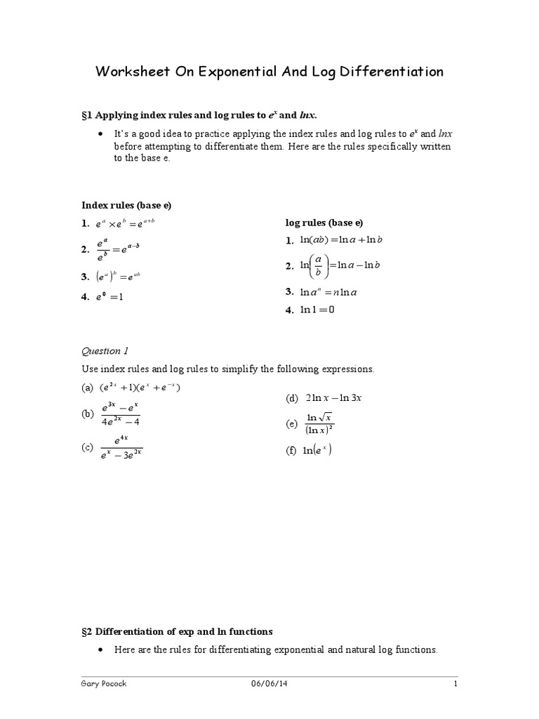 Exponential and Log Differentiation Worksheet | PDF | Logarithm ...