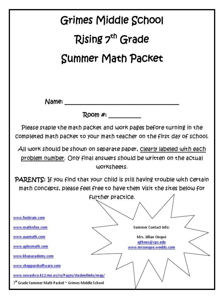 7th Grade Summer Math Packet | PDF | Fraction (Mathematics) | Algebra